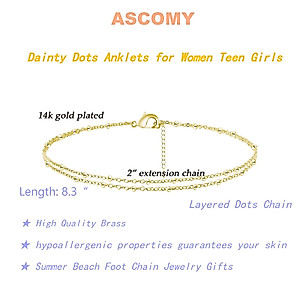 ASCOMY 14K Gold Plated Ankle Bracelets for Women Tiny Cute Layered Beaded Chain Anklet Dainty Simple Square Dot Anklets for Her Minimalist Summer Beach Foot Chain Gold Anklet Jewelry Gifts