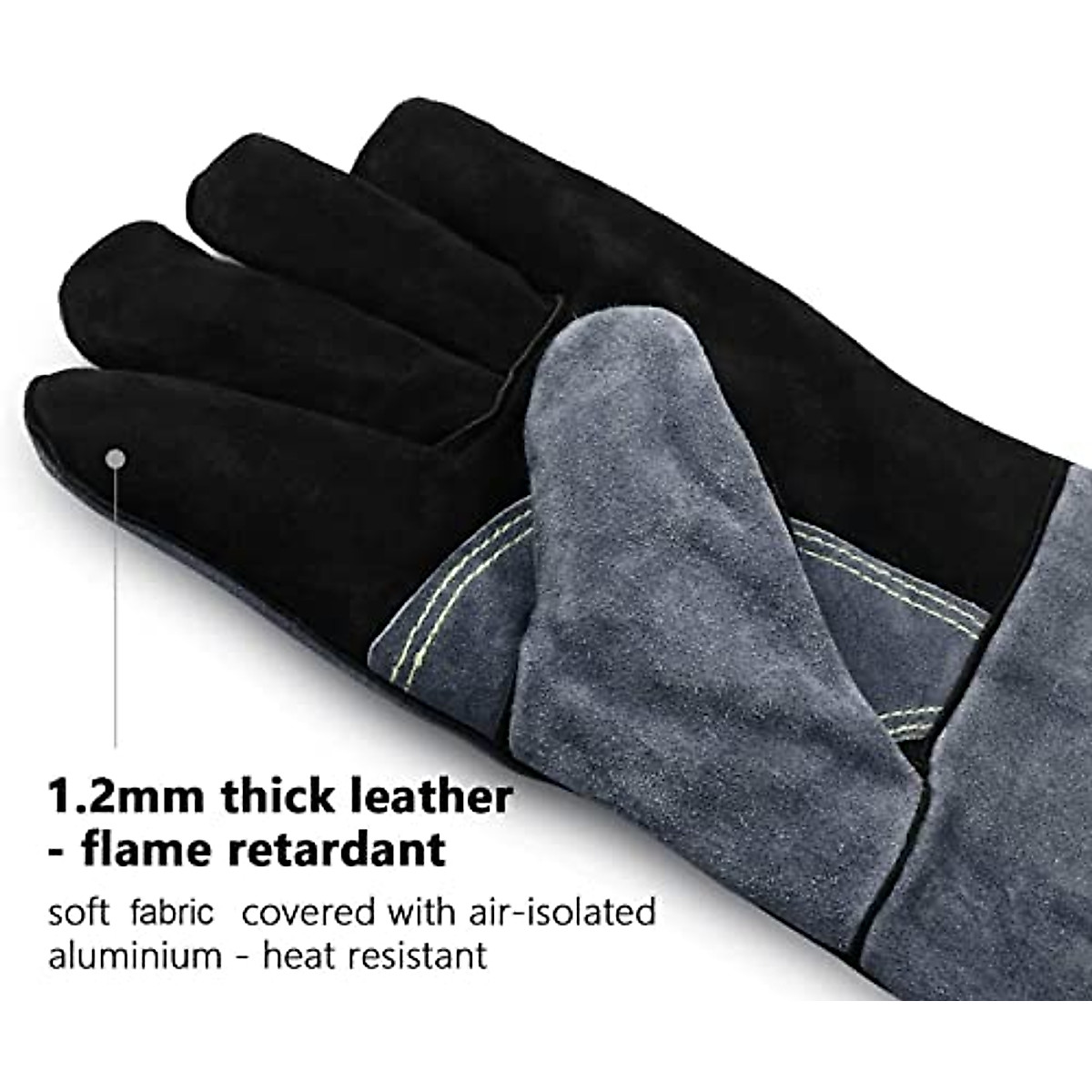 932℉ Grill BBQ Gloves 16-inch Heat Resistant Leather Forge Welding Glove with Flame Retardant Long Sleeve and Insulated Lining for Men and Women Black-Gray