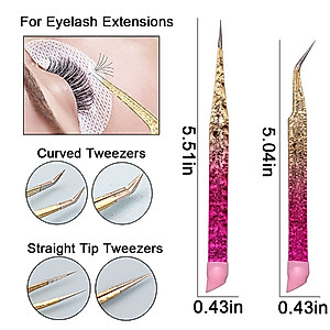 2pcs Double Ended Nail Art Tweezers for Women,Stainless Steel Tweezer Set Straight Tip Curved Tweezers Precision Lash Tweezers for Eyelash Extensions Pointed Tweezers for Crafts Rhinestone Picker Tool
