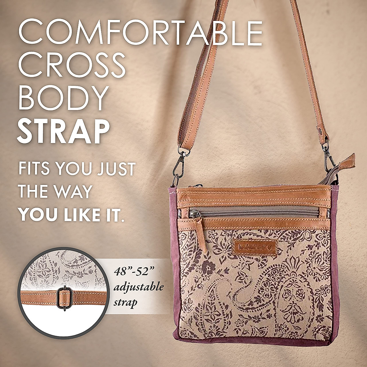 SIXTEASE Crossbody Bag for Women Vintage Style Genuine Leather, Upcycled Canvas, Rug, or Hair On - Cross Body Womens Bags with Inside Zipper Pockets - Cecellia