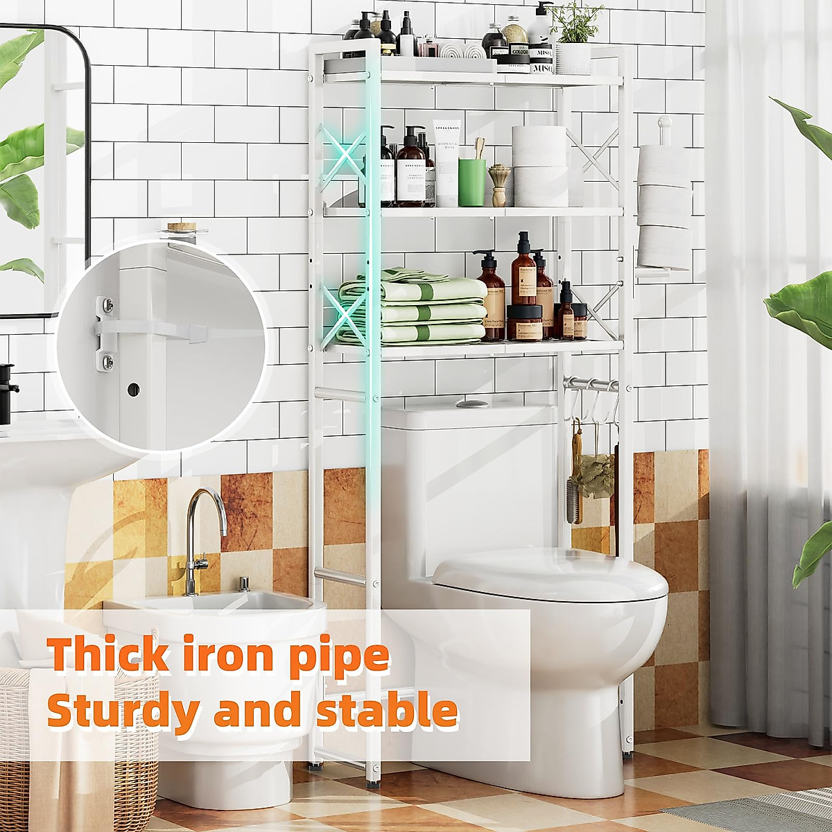 Simple Trending Over The Toilet Storage Rack with Toilet Paper Holder, Heavy Duty Metal 3 Tier Bathroom Organizer Shelf with 3 Hooks, White