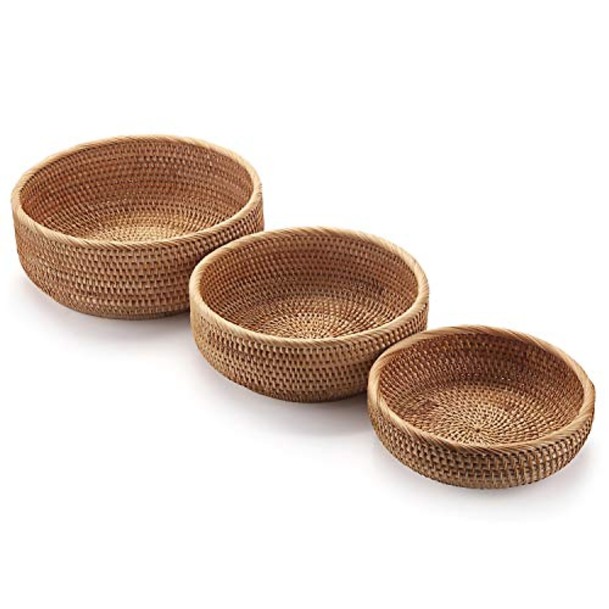 Round Rattan Fruit Baskets Woven Storage Bowls Key Holder Stackable for Shelf Kitchen Tabletop Natural Set of 3