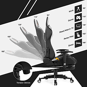 POWERSTONE Gaming Chair with Footrest Massage Video Game Chair High Back Computer Office Desk Chair Leather Recliner Rolling Swivel Chair White