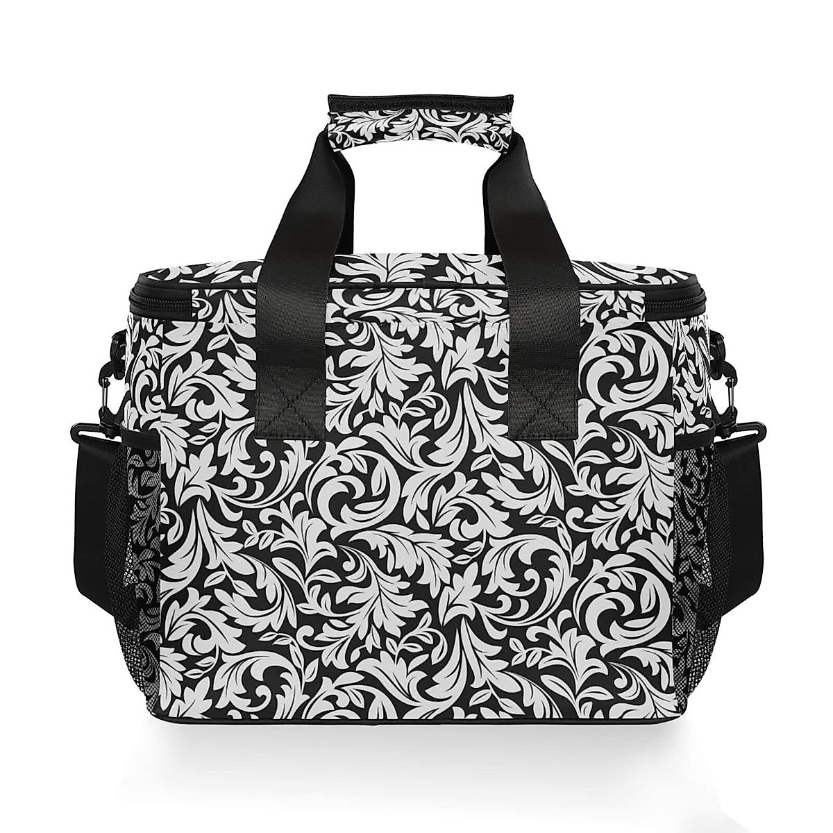 Seamless Gold Baroque, Damask Floral Pattern in Black White Style Insulated Leak proof Cooler Large Capacity Lunch Bag with Adjustable Shoulder Strap for Camping Picnic Reusable Cooler Bag