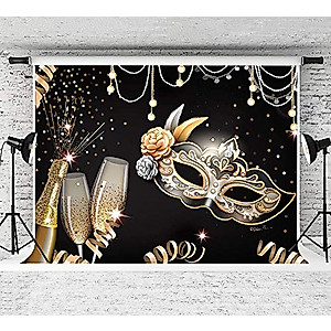 Masquerade Party Backdrops Retro Gold Black Mask Carnival Birthday Photography Backdrop 7x5ft Vinyl Fiesta Mardi Gras Dance Photo Background Champagne Glass Photo Booths Props Decorations