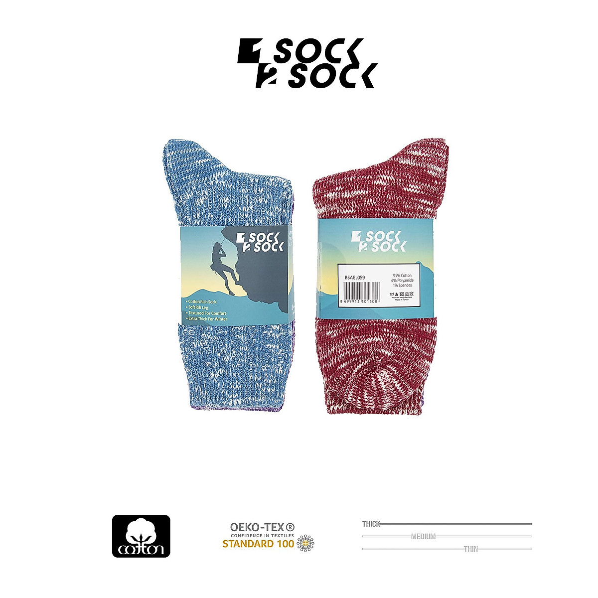 1SOCK2SOCK - Women's Warm Fuzzy Thermal Turkish Cotton Crew Socks - Cold Weather & Hiking (Red-Blue-Purple, Medium)