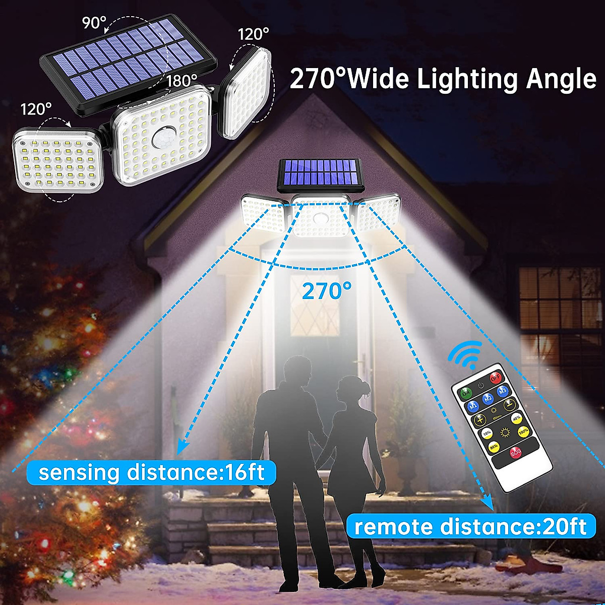 Solar Lights Outdoor, 132 LED 1500LM Solar Security Flood Lights with Remote Control, Wireless Motion Sensor Lights 3 Heads 270° Wide Angle Illumination IP65 Waterproof Wall Lights (2 Packs)