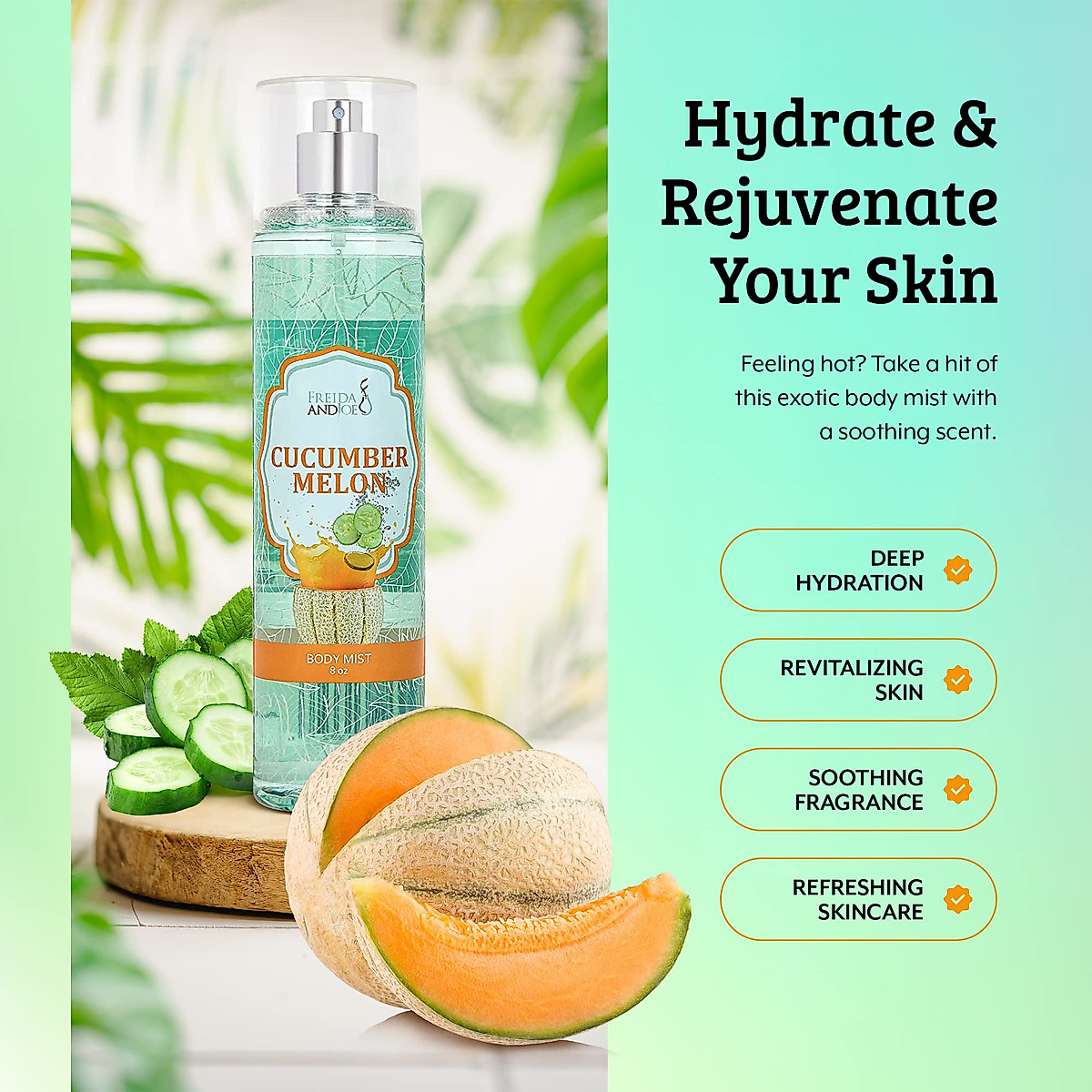 Cucumber Melon Fine Fragrance Body, Womens Perfume Fragrance Body Mist & Sprays, Women's Refreshing Scented Gifts & Presents 8 oz Fine Mist Spray Bottle