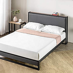 ZINUS Christina Upholstered Platform Bed Frame with Brown Headboard Shelf / No Box Spring Needed / Wood Slat Support / Easy Assembly, Queen