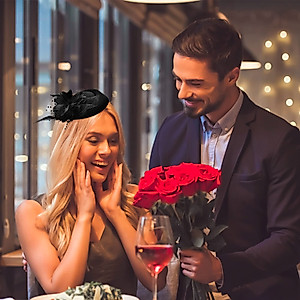 Yolev Pillbox Hat with Veil and Feather Headband, Vintage Fascinator for Women Tea Party, Black