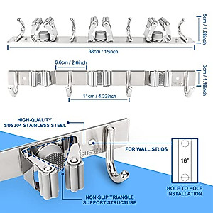 FULGENTE Broom Mop Holder, Wall Mount Storage Cleaning Tools Organizer for Laundry Garage Garden Bath Kitchen, Screw-In Heavy Duty Stainless Steel Utility Rack Hanging Shelf (3 Racks 4 Hooks)
