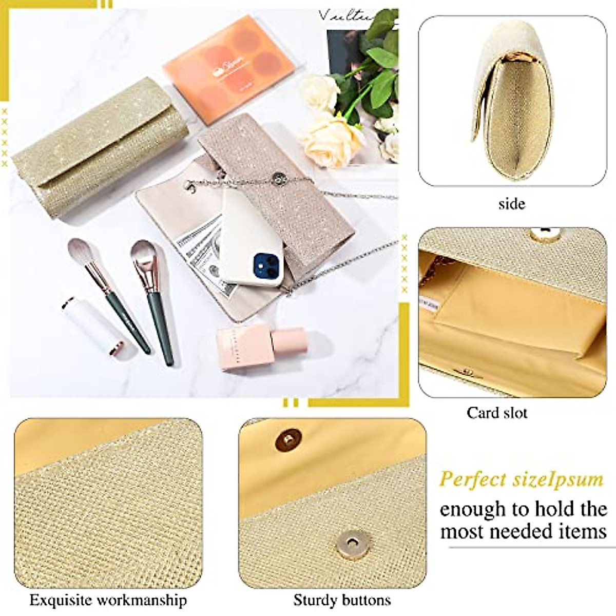 Kajaia 2 Pieces Evening Formal Purses for Women Shiny Clutch Purses Glitter Handbags with Chain Envelope Purses for Wedding Party (Gold, Rose Gold)