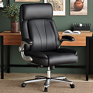 NexHut Office Chair, Ergonomic Desk Chair, 500lbs Heavy Duty Executive Leather Chair with Adjustable Lumbar Support, Flip-up Arms, Wide Thick Seat, High Back Comfy Computer Chair for Back Pain