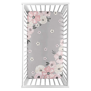 Sweet Jojo Designs Grey Watercolor Floral Girl Fitted Crib Sheet Baby or Toddler Bed Nursery Photo Op - Blush Pink Gray and White Shabby Chic Rose Flower Farmhouse