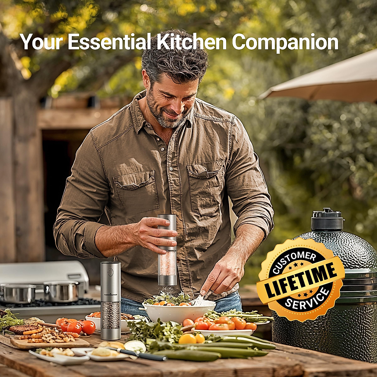 ThermoMaven Electric Salt and Pepper Grinder Set, 2.5 Oz Larger Rechargeable Automatic Salt and Pepper Mill Grinder with 6 Adjustable Coarseness, Electric Salt and Pepper Shakers, LED, 2 Packs, Silver