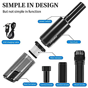 URORU Portable Mini Auto Vacuum Cleaner, Wireless Handheld Car Vacuum Cleaner, 6000 Pa Super Suction Power, Wireless, High Power and Quick Charge Tech, Rechargeable for Home, Car, Office… (Black)