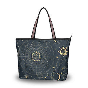 Tote Bag Aesthetic (Celestial Star Sun Moon), Large Capacity Zipper Women Grocery Bags Purse for Daily Life 2 Sizes
