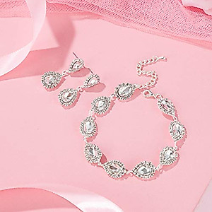 Paxuan Womens Teardrop White Champagne Crystal Wedding Bridal Jewelry Set Teardrop Pendant Necklace Drop Dangle Earrings Set (Silver Plated White Crystal Bracelet + Earrings)