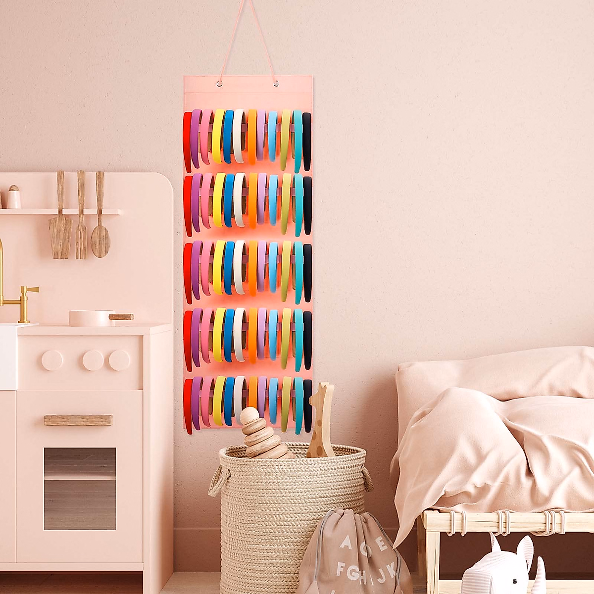 Tudomro Hanging Headband Holder for Girls Felt Headband Organizer with 60 Elastic Bands Bow Hanger for Girls Hair Bows, Without Headbands (Pink,Classic)