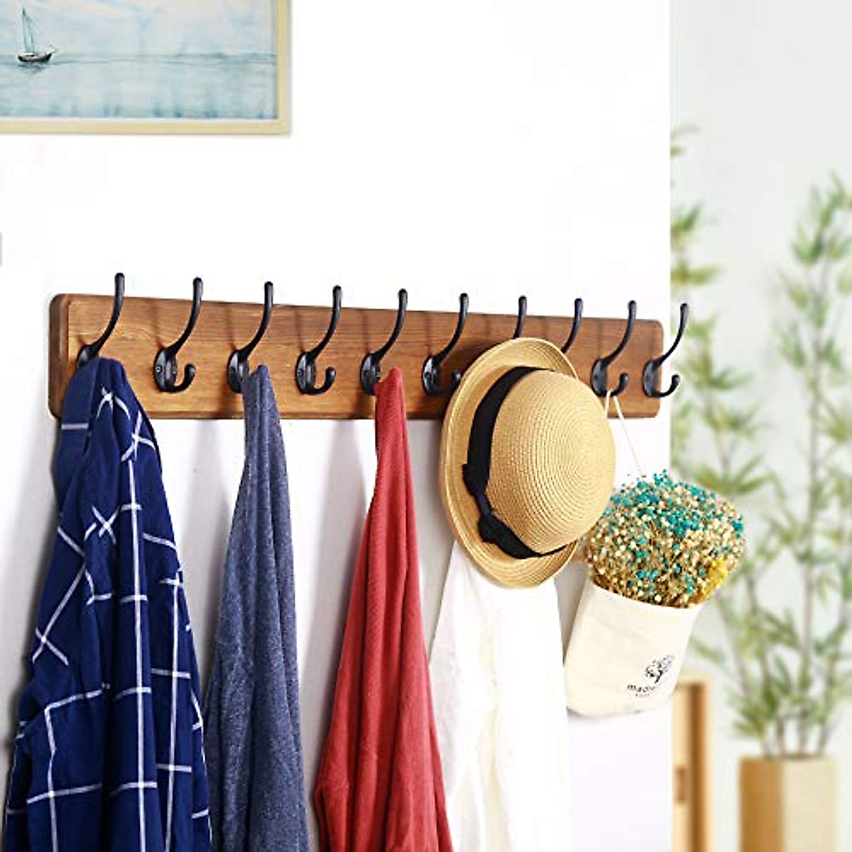 WEBI Coat Rack Wall Mounted,Wood Coat Hooks Wall Mounted,16’’ Hole to Hole,Coat Hanger Wall,Hook Rack Rail,5 Hooks for Hanging Coats,Hats,Jacket,Clothes