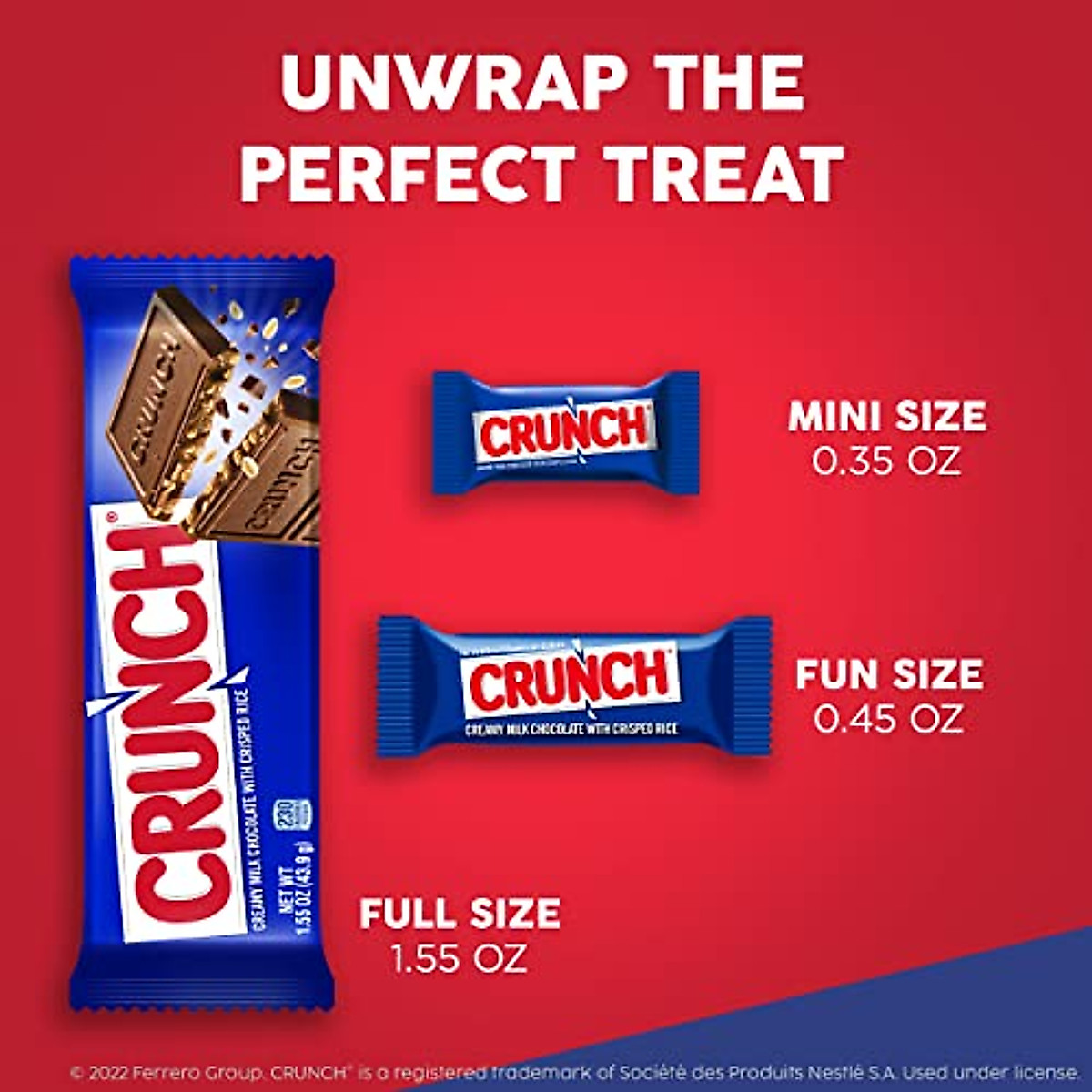 CRUNCH Milk Chocolate and Crisped Rice, Full Size Individually Wrapped Candy Bars, Easter Basket Stuffers, 1.55 oz each