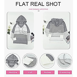 SHEWIN Womens Striped Color Block Lightweight Knit Hooded Sweater Casual Long Sleeve V Neck Drawstring Hoodies Pullover Sweatshirt Fall Outfits for Women,US 16-18(XL),Light Grey