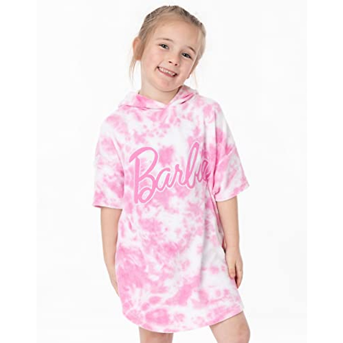 Barbie Girls Towel Poncho | Kids Pink Tie Dye Wearable Bath Towel | Doll Graphic Changing Robe | Cosy Swimwear Beach Cover Up