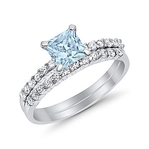 Blue Apple Co. Simulated Aquamarine Cubic Zirconia Size-7 Wedding Engagement Ring Band Bridal Set Princess Cut Round Simulated Cubic Zirconia 925 Sterling Silver