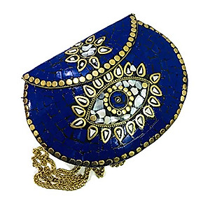Blue stone mosaic metal bag antique ethnic clutch indian antique purse party clutch women bag…