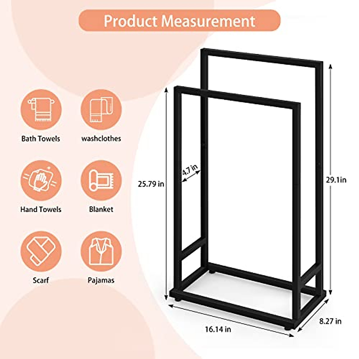 Towel Blanket Ladder Black Metal Blanket Ladder Holder and Free Standing Towel Rack 2 Tier Towel Holder Stand Hand Towel Drying Rack Black