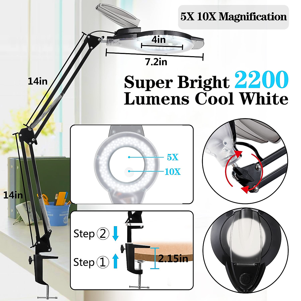 5X & 10X Magnifying Glass with Light, KIRKAS 2,200 Lumens Dimmable 10X Mother-Child Real Glass Lens LED Magnifying Lamp with Clamp, Lighted Magnifier Light for Close Work, Reading, Repair, Hobby-Black