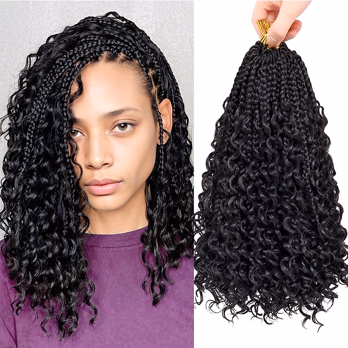 Goddess Box Braids Crochet Hair 10 Inch Bohemian Box Braids Crochet Hair with Curly Ends Boho 3X Synthetic Crochet Braiding Hair for Women (7 pack, 1b#)