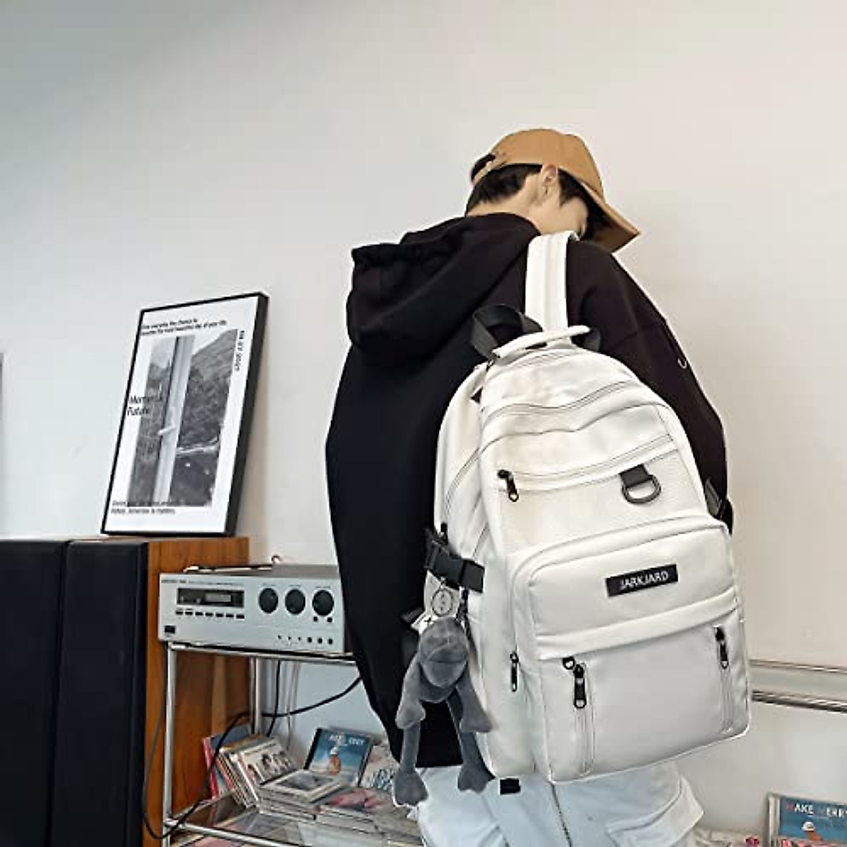 JARKJARD Cute Aesthetic Backpack Kawaii Backpack for School with Cute Pendant Casual Daypack Middle Student Travel College Bookbag for Girls Large Capacity(White)