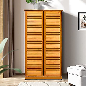 MoNiBloom Tall Shoe Storage Cabinet with Double Shutter Doors, Bamboo Shelf Stand Organizer Rack for 21-25 Pairs Entryway Hallway Bedroom, Brown