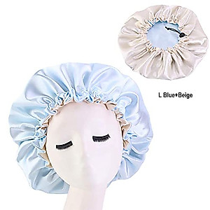 Cospack Satin Bonnet Sleep Bonnet Cap - Extra Large Double Layer Reversible Adjustable Satin Cap for Sleeping Hair Bonnet (L.blue+Beige)