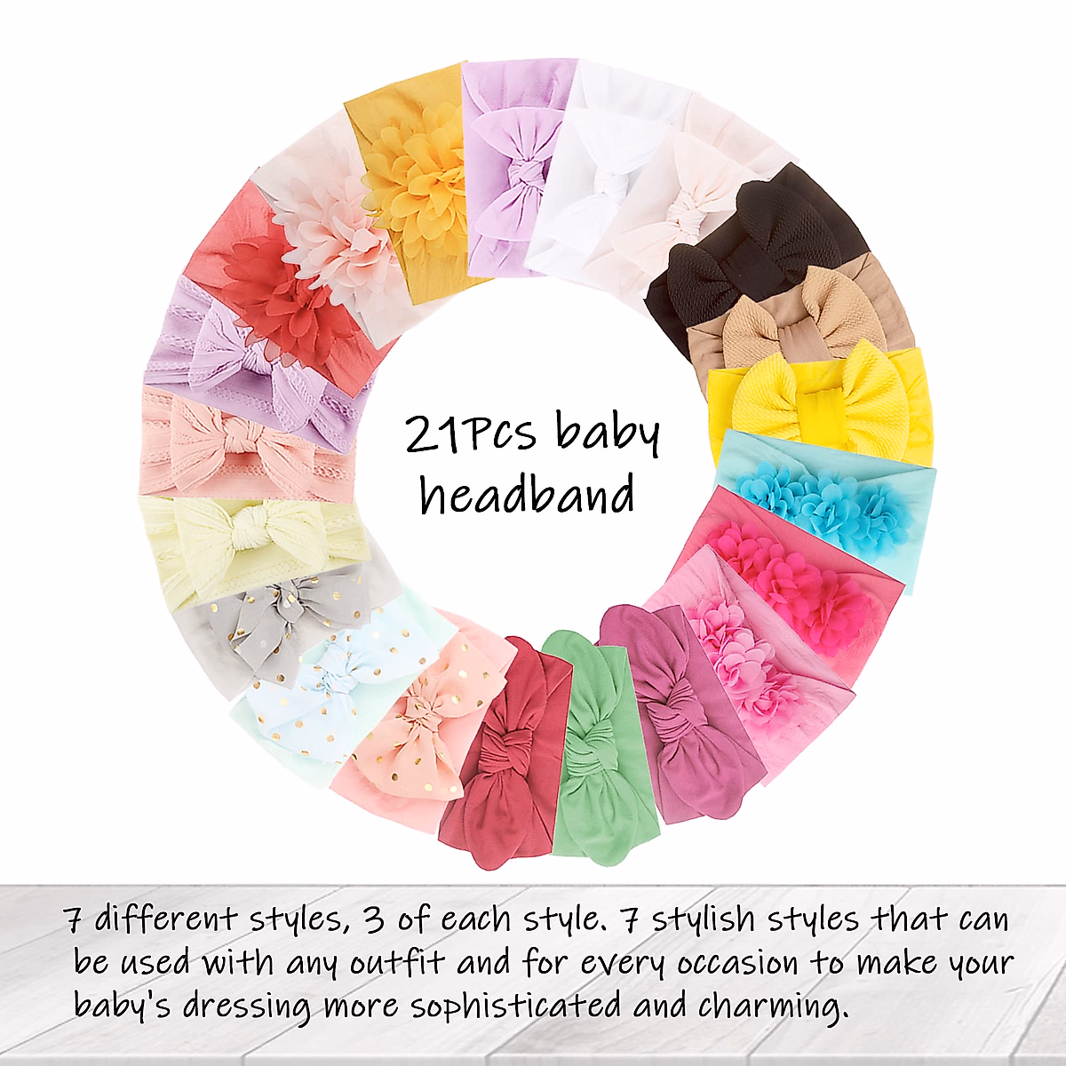 WZT 21PCS Baby Nylon Headbands 7 styles Hairbands Hair Bow Elastics for Girl headbands with bows Newborns Infant Toddlers