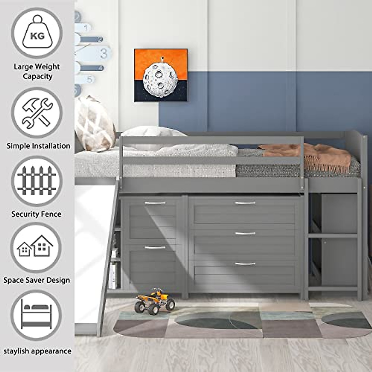 Low Loft Bed with Slide and Storage Twin Loft Bed Frame with Cabinet Drawers and Book Shelves, Wooden Loft Beds for Kids Boys Girls, Gray