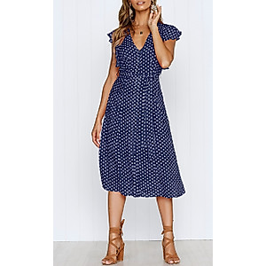 MITILLY Women's Boho Polka Dot Flutter Short Sleeve V Neck Button Down Swing Midi Dress with Pockets Small Dark Blue