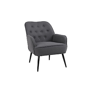 Mid Century Modern Accent Chair Button-Tufted Upholstered Comfy Chair with Linen Fabric Lounge Arm Chairs with Black Metal Legs for Living Room Bedroom (Dark Gray)