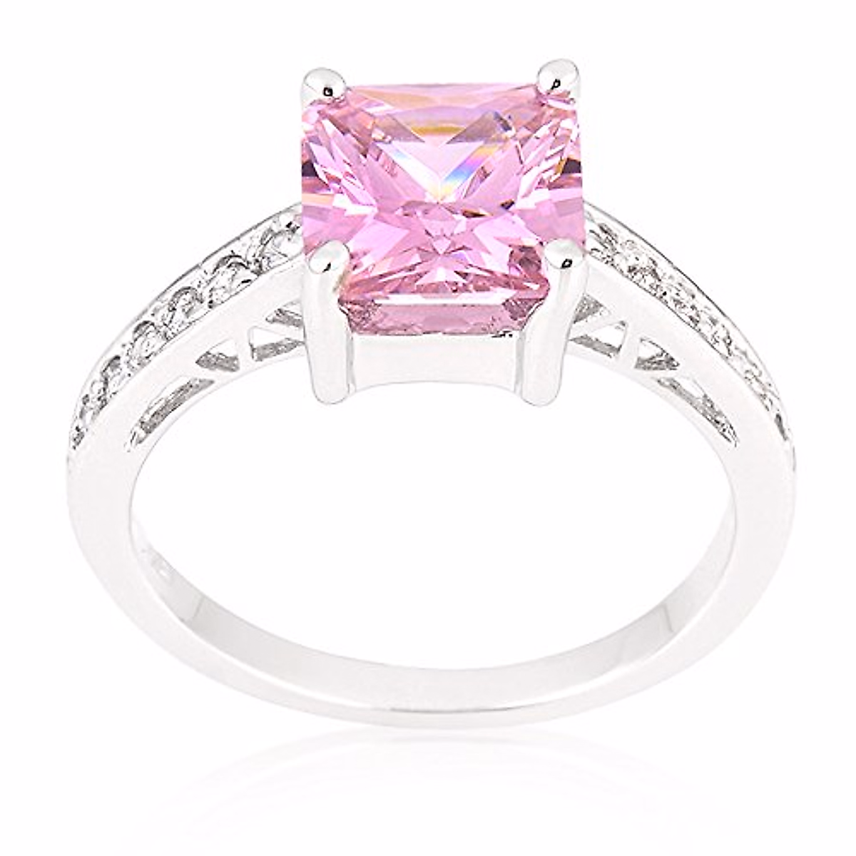 Kate Bissett Rhodium Plated to .925 Sterling Silver Bonded Princess Isabella Ring with Pink Ice Color CZ Size 8