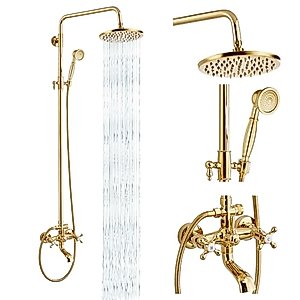 gotonovo Exposed Shower Faucet Set 8 Rain Shower 2 Double Knobs Handle Gold Polish Triple Function Tub Spout Shower Fixture Combo System Unit Set