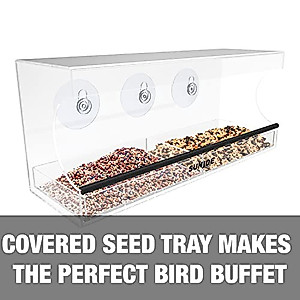 Sun Joe SJ-WBF-WN Outdoor Window Bird Feeder for Wild Birds, Bluebirds, Cardinals, and Others w/ 3 Heavy Duty Suction Cups, 2 Sliding Seed Trays, Drain Holes, Clear