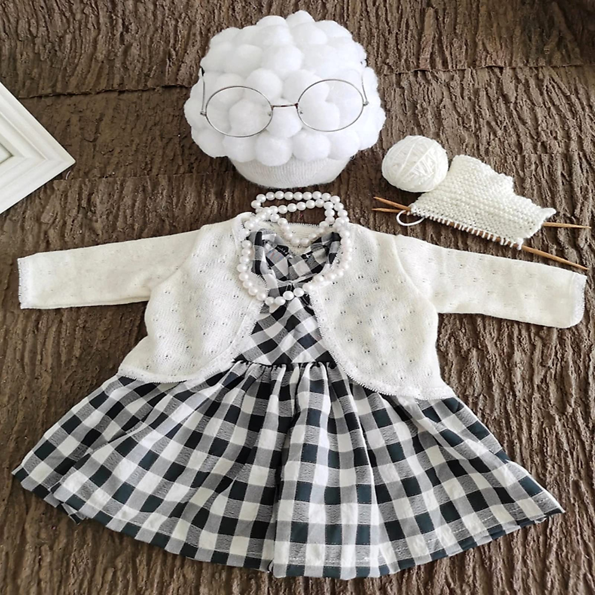 SPOKKI Newborn Photography Props 7 Pcs Old Lady Cosplay Newborn Girl Photoshoot Outfits, Cute Grandma Costume for Baby Girls Studio Shoots Photo Props