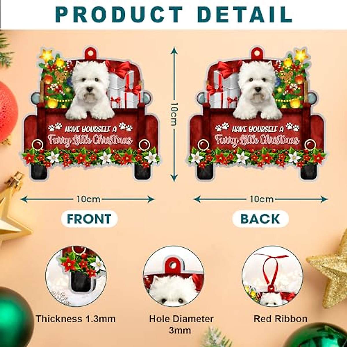 West Highland White Terrier Dog Ornaments Christmas Tree, Westie Dog Red Truck Car Aluminum Ornament (NOT 3D), Christmas Decoration 2023 for Westie Dog Lovers, Dog Mom, Dog Dad, Pet Lovers