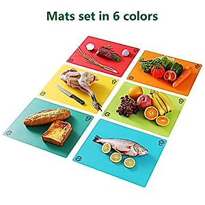 Boelley flexible grade plastic kitchen cutting board mats with food icons for dishwasher safe set of 6 Multicolored Plastic chopping board,Ideal for Meat, Vegetables, Fruits, Bread