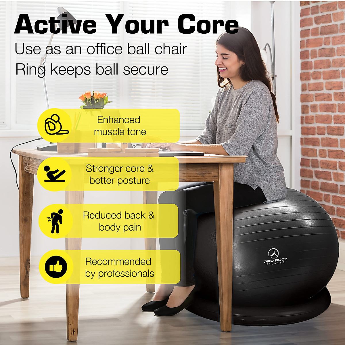 ProBody Pilates Ball Yoga Ball Chair, Exercise Ball Chair with Base or Stand for Home Office Desk Sitting or Workout, 65cm Antiburst Balance Ball & Stability Ball Seat for Back, abs (Black)