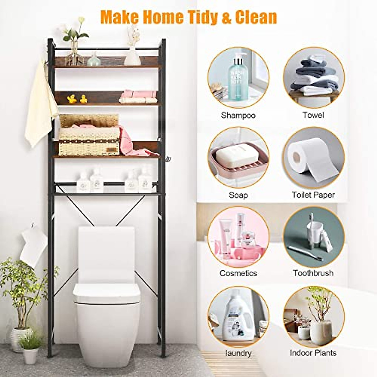 Devo Over The Toilet Storage, 4-Tier Bathroom Organizer, Wooden Bathroom Storage Shelf, with 8 Hooks and Toilet Paper Hook for Laundry, Balcony, Porch, Kitchen (Rustic Brown 2)