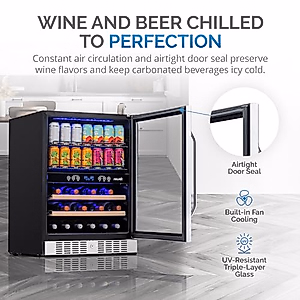 NewAir 24" Wine and Beverage Refrigerator Cooler, 20 Bottle and 70 Can Capacity, Built-in or Freestanding Dual Zone Fridge in Stainless Steel with Splitshelf