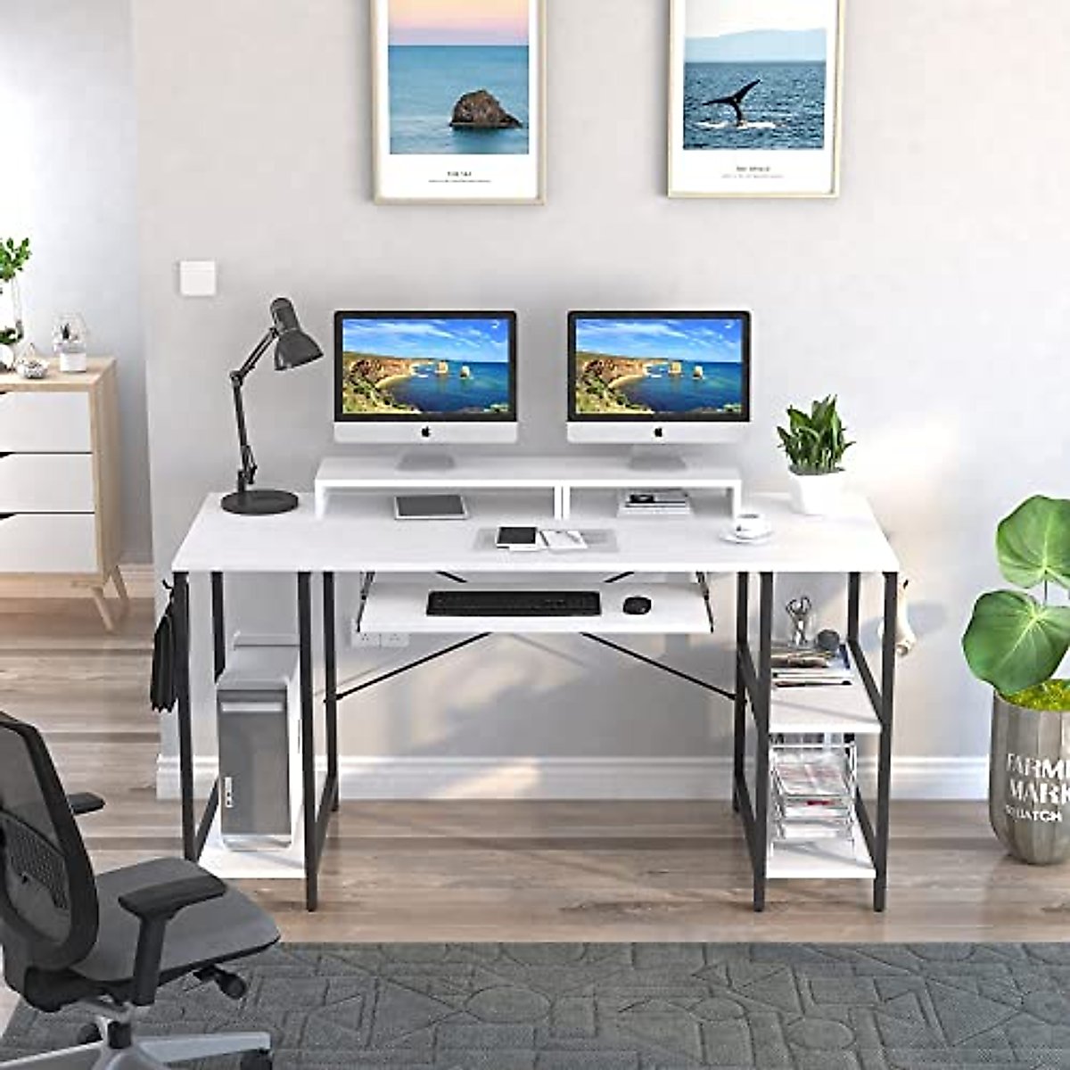 White Desk with Keyboard Tray, 55 INCH Desk with Storage Shelves Modern Computer Desks for Home Office Study Desk with Monitor Shelf Industrial PC Desk Studio Desk with Iron Hooks, Easy to Assemble