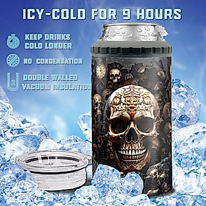 Personalized Skull Can Cooler 4 in 1 Holder Cup with Lid Customized Name Who Love Skulls 16oz Beer Drinking Gifts for Men Birthday Fathers Day